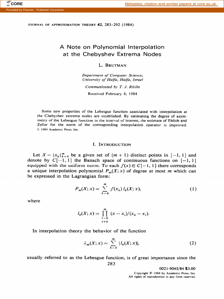 A Note On Polynomial Interpolation at The Chebyshev Extrema Nodes | PDF | Mathematics Of ...