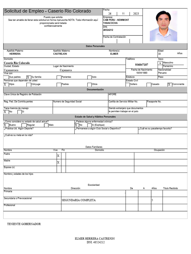 Solicitud de Empleo: Elmer Herrera | PDF | Gobierno y personalidad