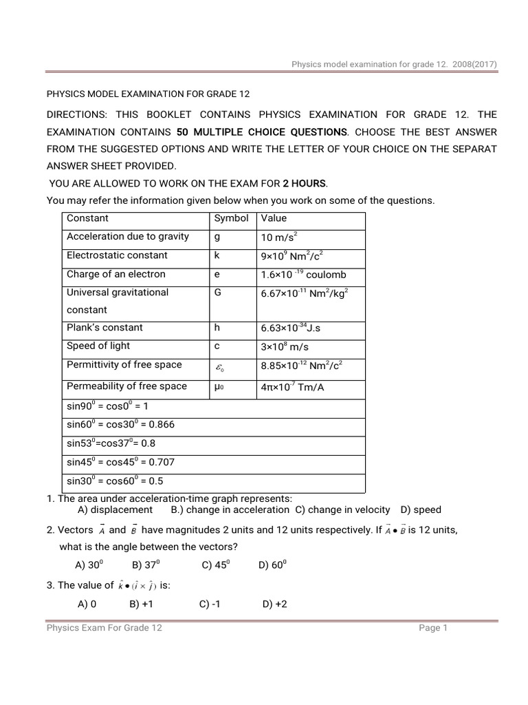 Physics Model Examination For Grade 12 | PDF | Heat | Heat Capacity