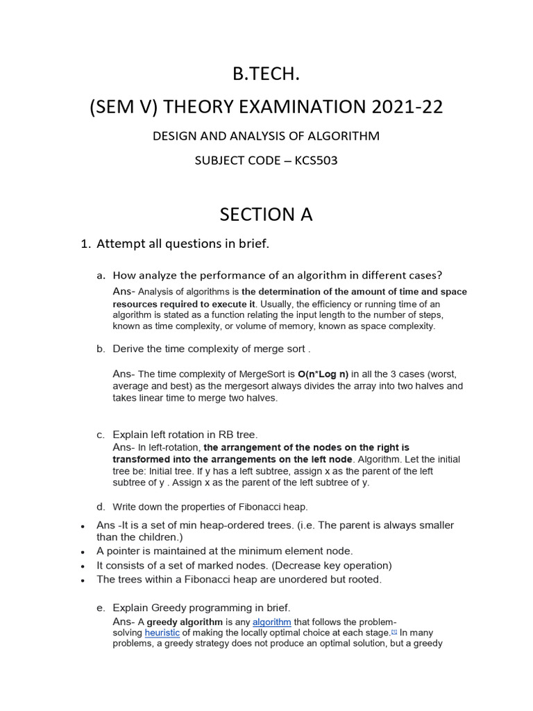 Daa Kcs503 2021-22 Aktu Qpaper Sol | PDF | Discrete Mathematics | Theory Of Computation