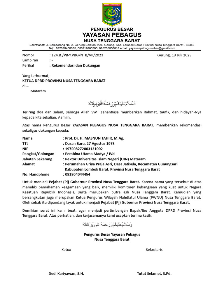 SURAT REKOMENDASI Prof. Dr. Masnun Tahir | PDF