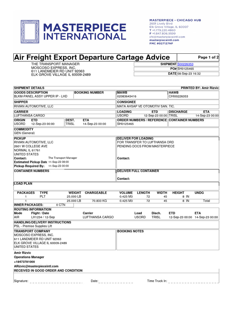 Shipment Cartage Advice - S00226353 | PDF | Cargo | Logistics