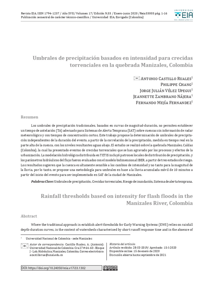 Art. Umbrales de Precip. Basados en Intensidad para Crecidas Torrenciales en La Quebrada | PDF ...