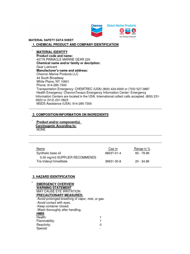 MSDS_PINNACLE_MARINE_GEAR_220_US | PDF | Water | Firefighting