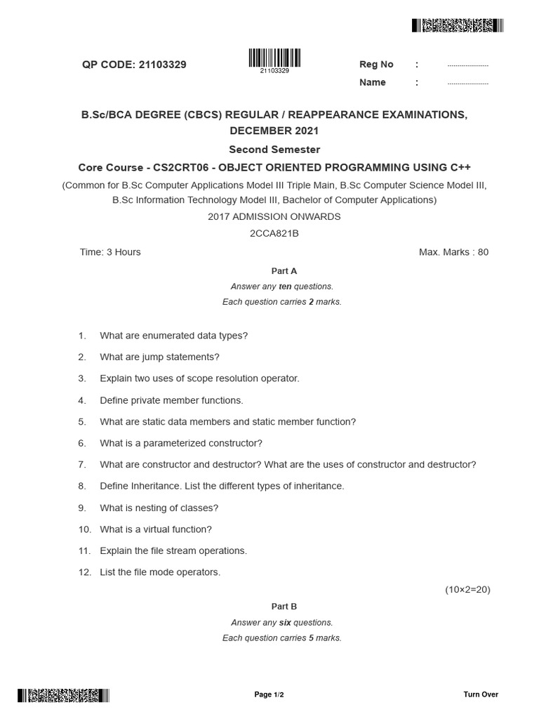 BSC Bca 2 Sem Object Oriented Programming Using CPP 21103329 Dec 2021 | PDF | Method (Computer ...