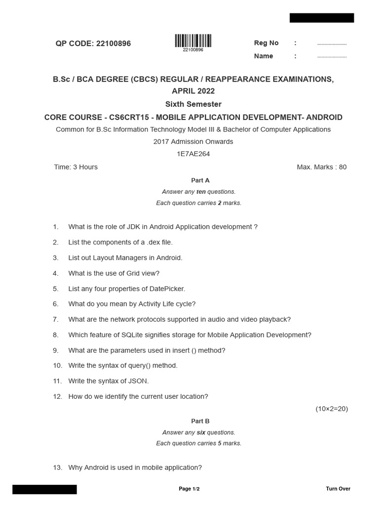 BSC Bca 6 Sem Mobile Application Development Android 22100896 Apr 2022 | PDF | Android ...