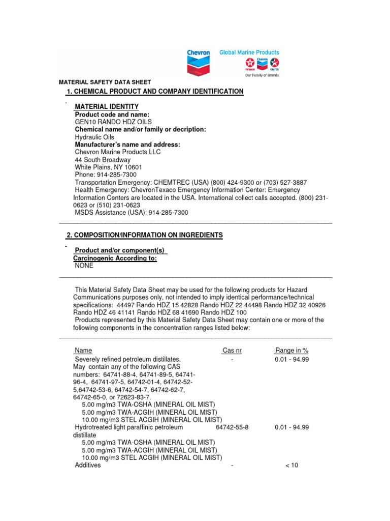 MSDS Rando HDZ Oils 15,22,32,46,68,100us | PDF