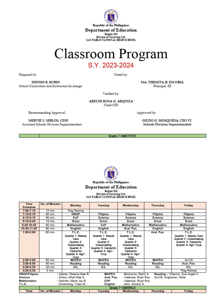 Class Program - SPNH 2023 2024 | PDF