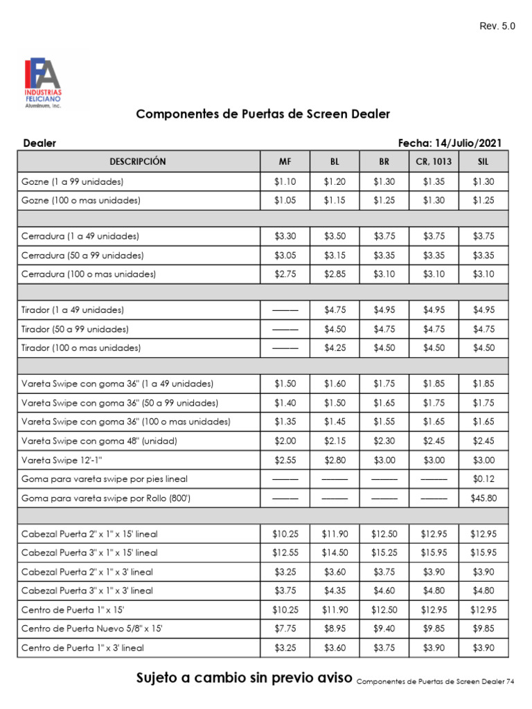 Componentes Puerta Screen | PDF