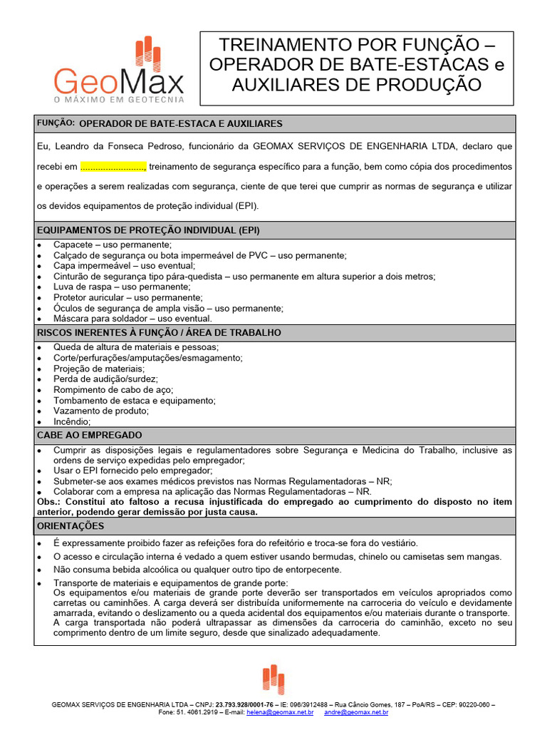 Treinamento Operador de Bate-Estaca e Auxiliares | PDF