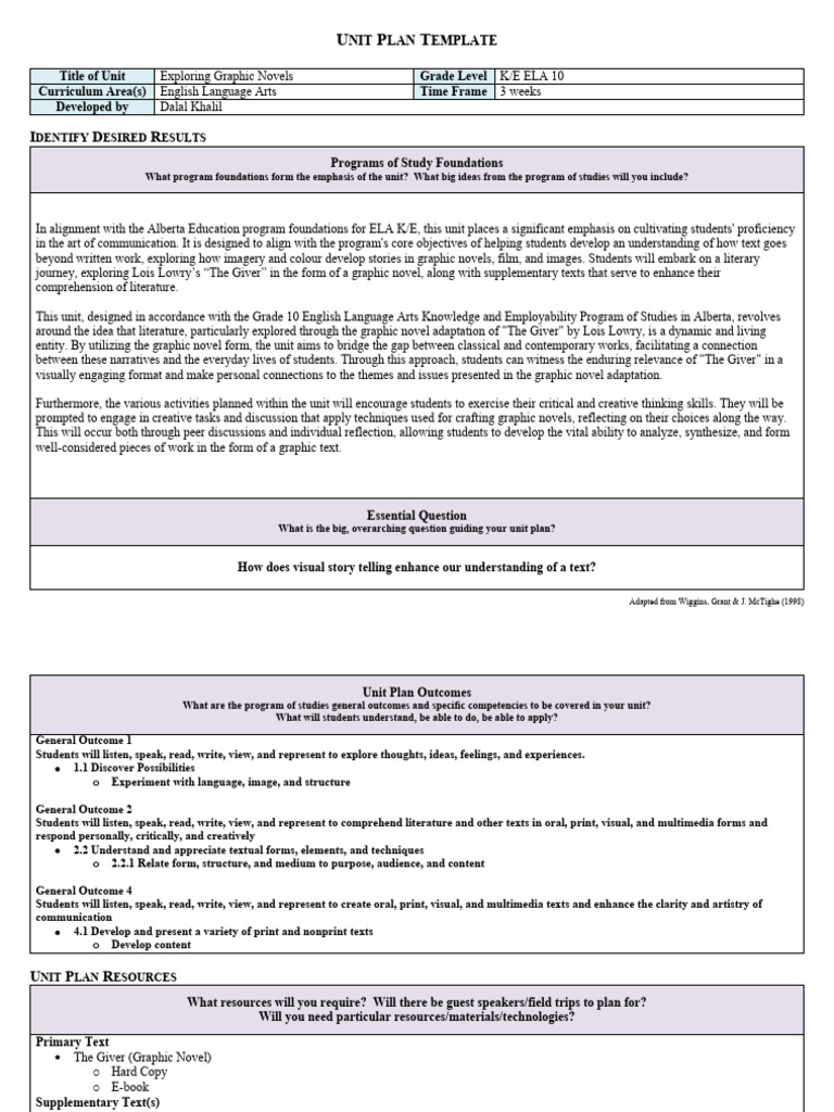 Unit Plan Ke Ela 10 The Giver | PDF
