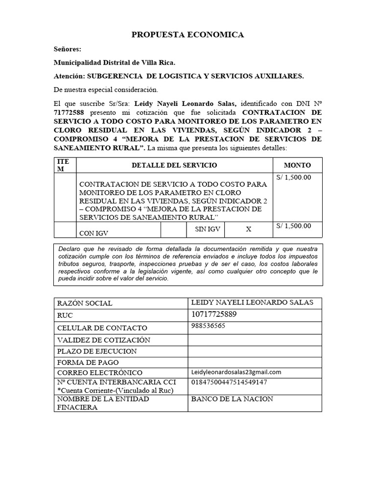 Modelo de Propuesta Economica Leidy 2 | PDF