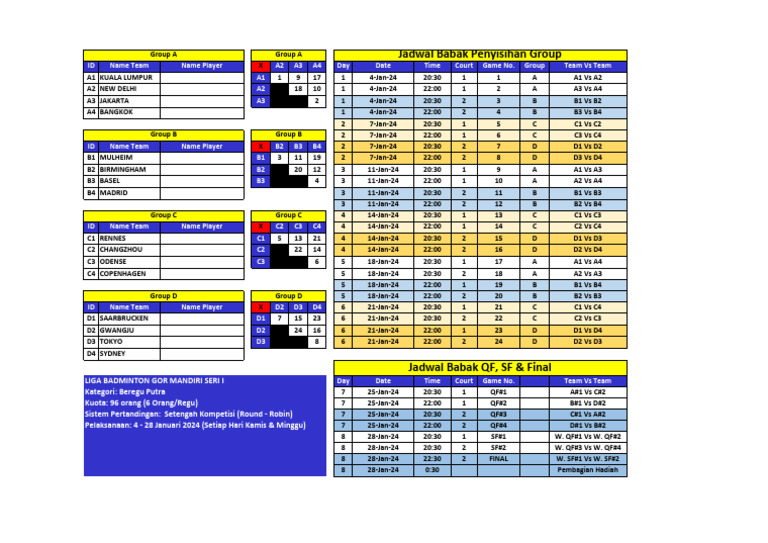 Jadwal Pertandingan - Liga Badminton Gor Mandiri - Seri I - V.1.0 | Download Free PDF | Chess