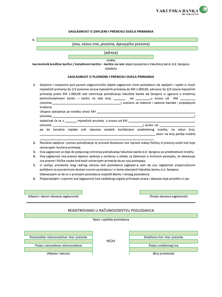 Saglasnost o Zapljeni I Prenosu Dijela Primanja-Kred I Inst Kartice | PDF