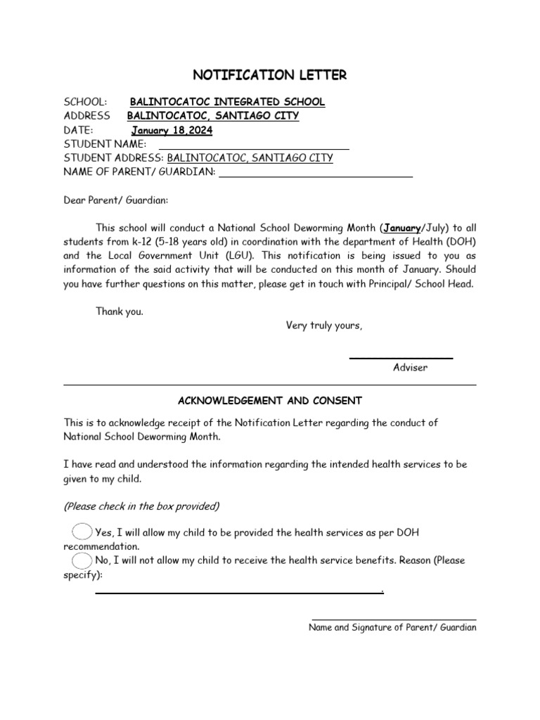 Deworming NOTIFICATION LETTER | PDF