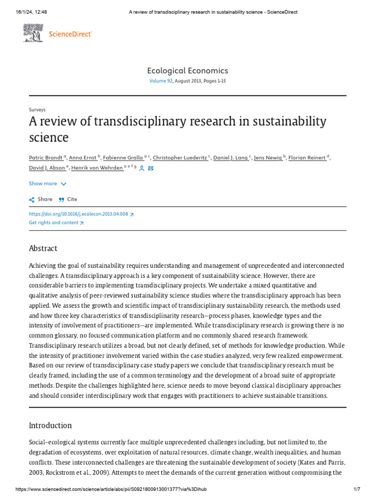 Brand - 2013 - A Review of Transdisciplinary Research in Sustainability Science - ScienceDirect ...