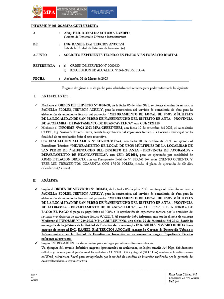 INFORME N°010-2023 - Chanquil | PDF