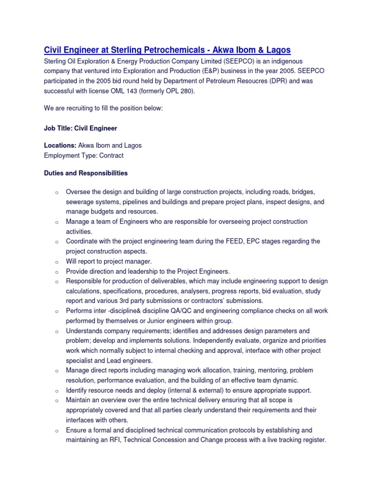 Civil Engineer Recruitment at Sterling Oil | PDF | Engineering ...
