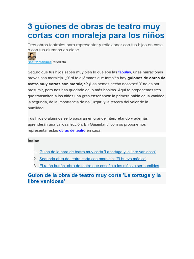 3 Guiones de Obras de Teatro Muy Cortas Con Moraleja para Los Niños | PDF | Teatro | Monólogo