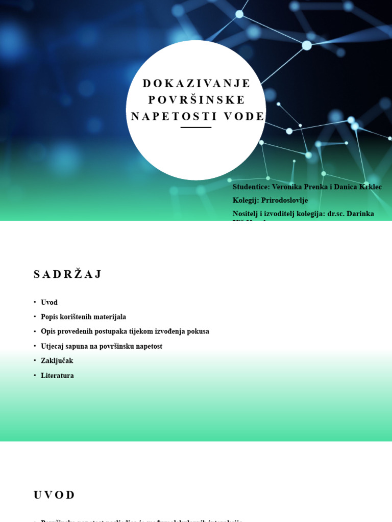 Dokazivanje Površinske Napetosti Vode - Veronika Prenka I Danica Krklec | PDF