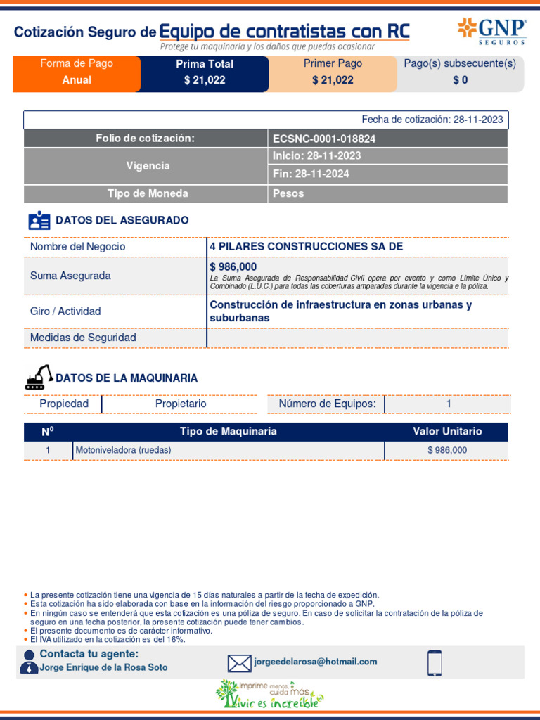 Motoniveladora Gnp 986,000 | PDF | Póliza de seguros | Seguro