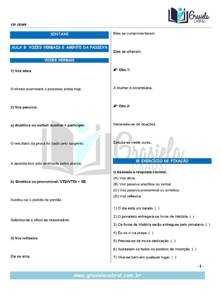Aula 8 - Vozes Verbais e Agente Da Passiva - Aluno - Ok 1 | PDF