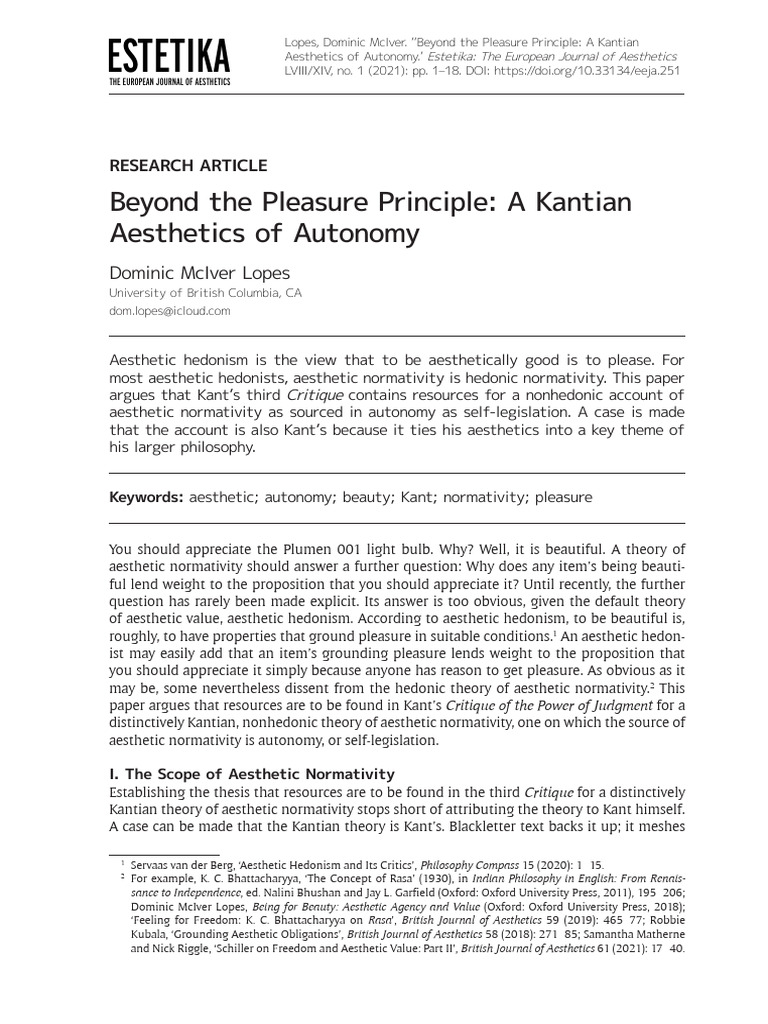 Beyond The Pleasure Principle - A Kantian Aesthetics of Autonomy | PDF
