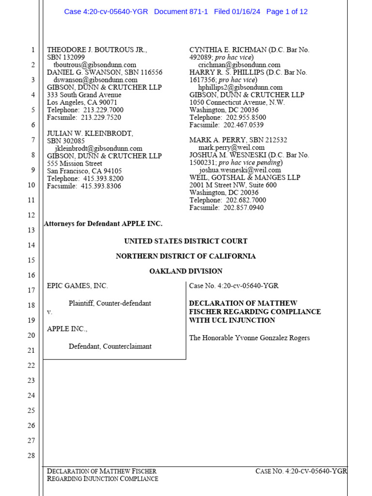 Matthew Fischer's Declaration on Apple Injunction Compliance | PDF ...