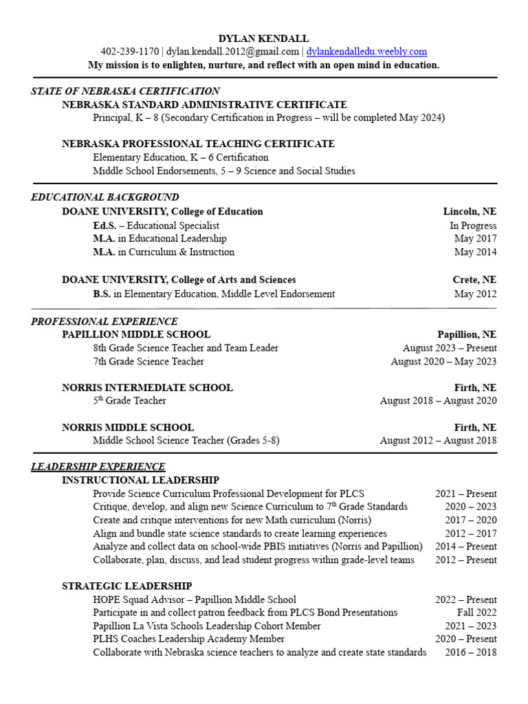 Resume Dylankendall 11624 1 | PDF | Middle Schools | Teachers