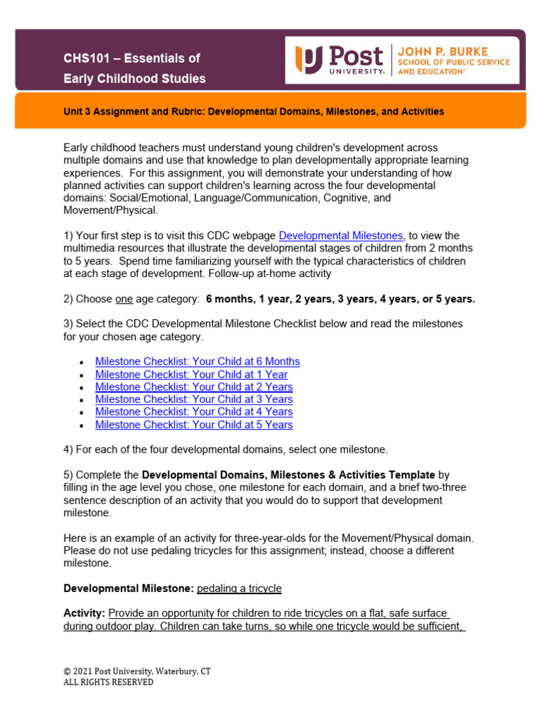 Unit 3 Assignment and Rubric Developmental Domains Milestones and ...