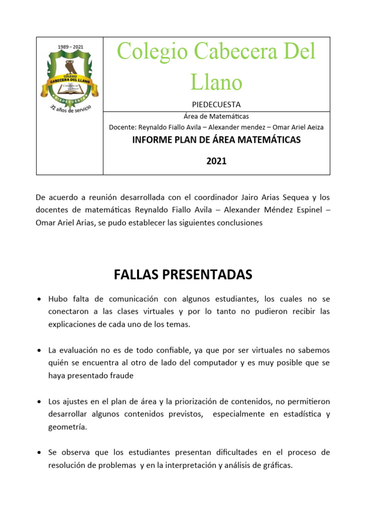 Informe Area Matematicas 2021 | PDF | Matemáticas