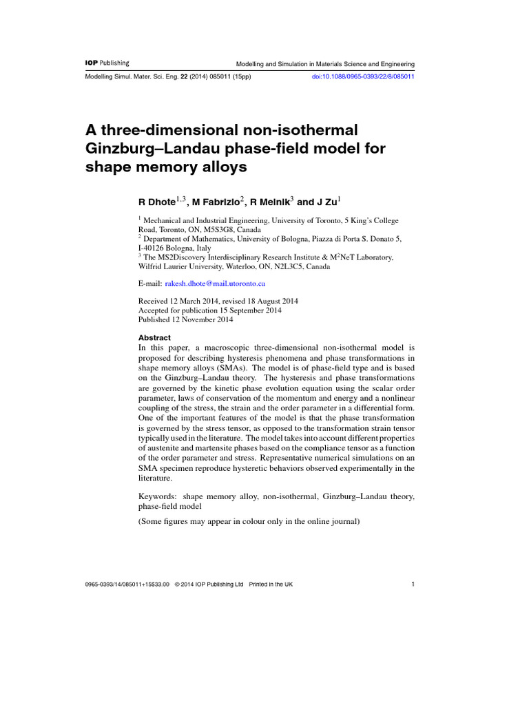 Landau Phase-Field Model For Shape Memory Alloys | PDF | Shape Memory Alloy | Continuum Mechanics
