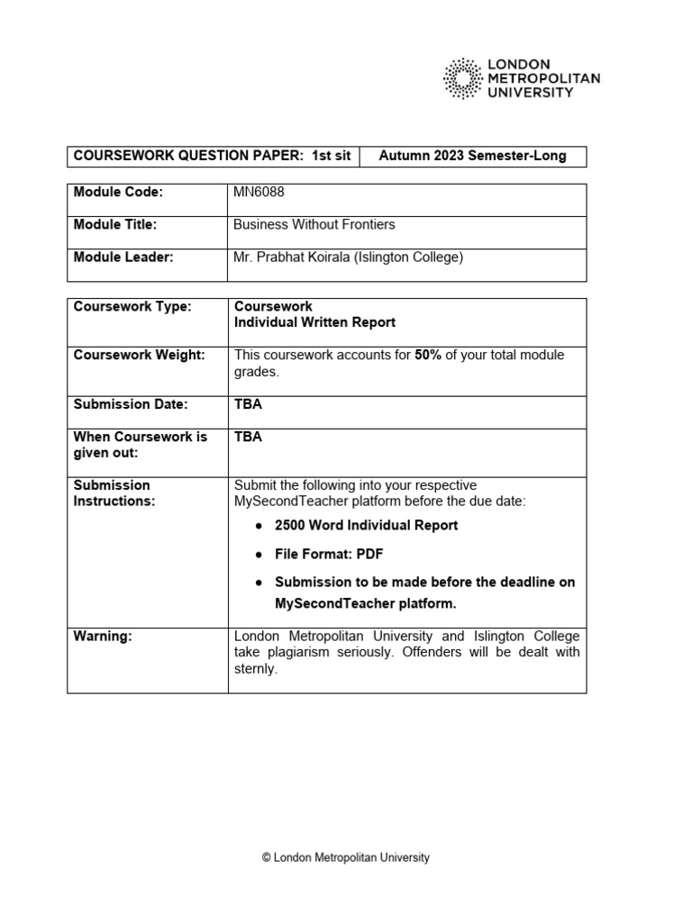 Islington College Coursework Guidelines | PDF