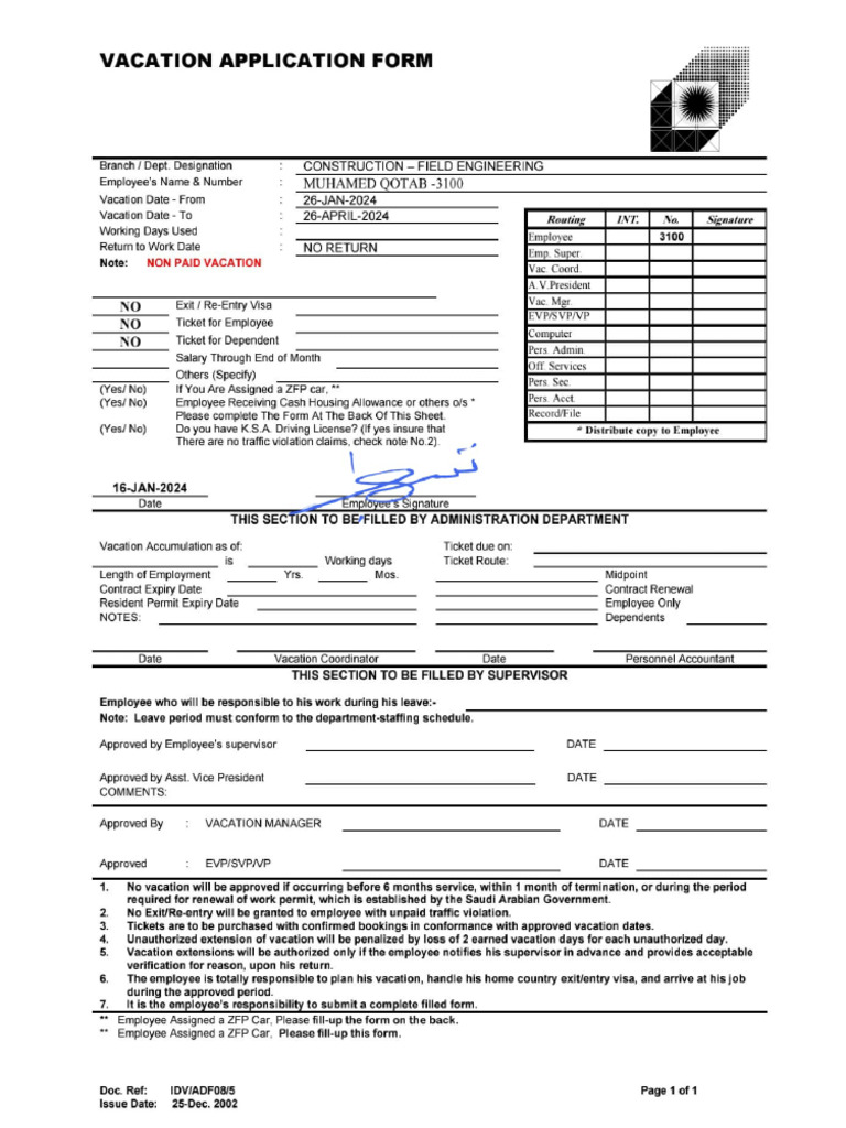 Muhamed Qotab-3100 Vacation Request | PDF