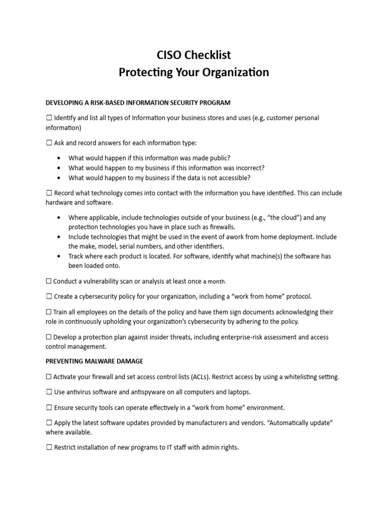 CISO Checklist - Protecting Your Organization | PDF | Computer Security ...
