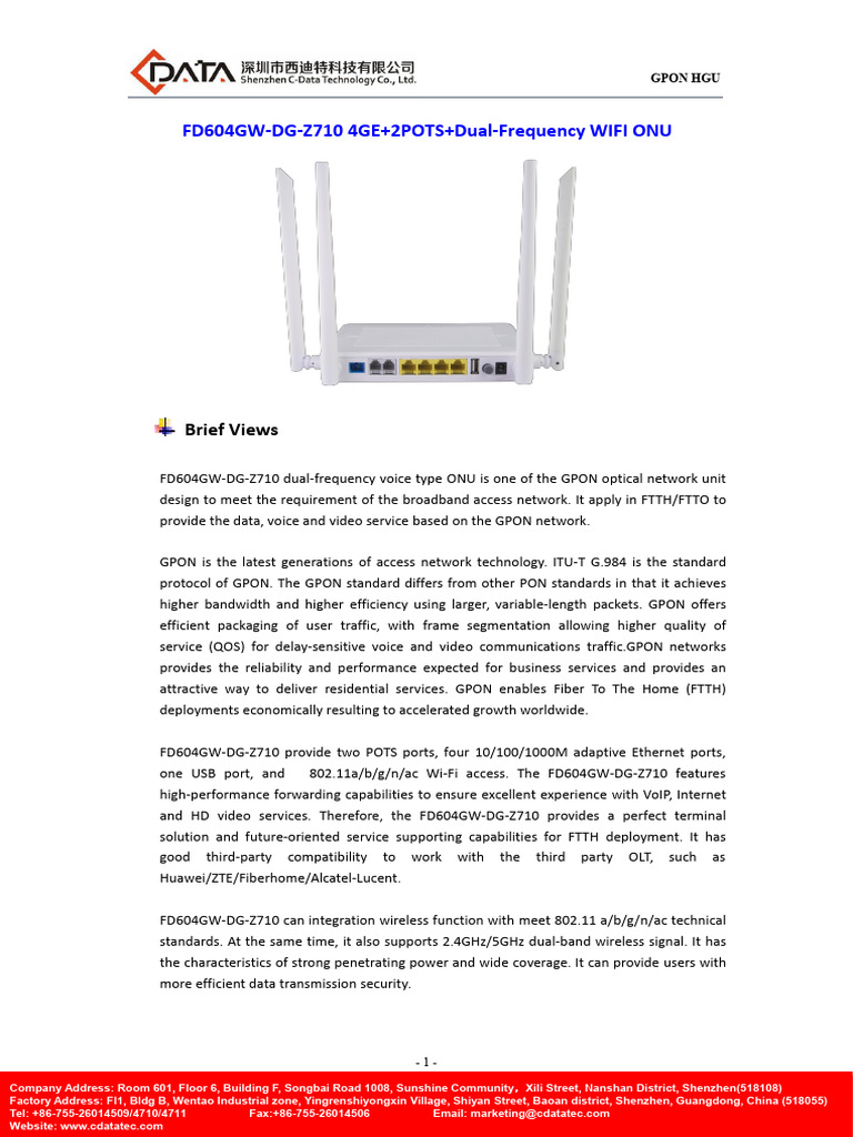 FD604GW-DG-Z710 ONU Overview | PDF | Fiber To The X | Computer Network