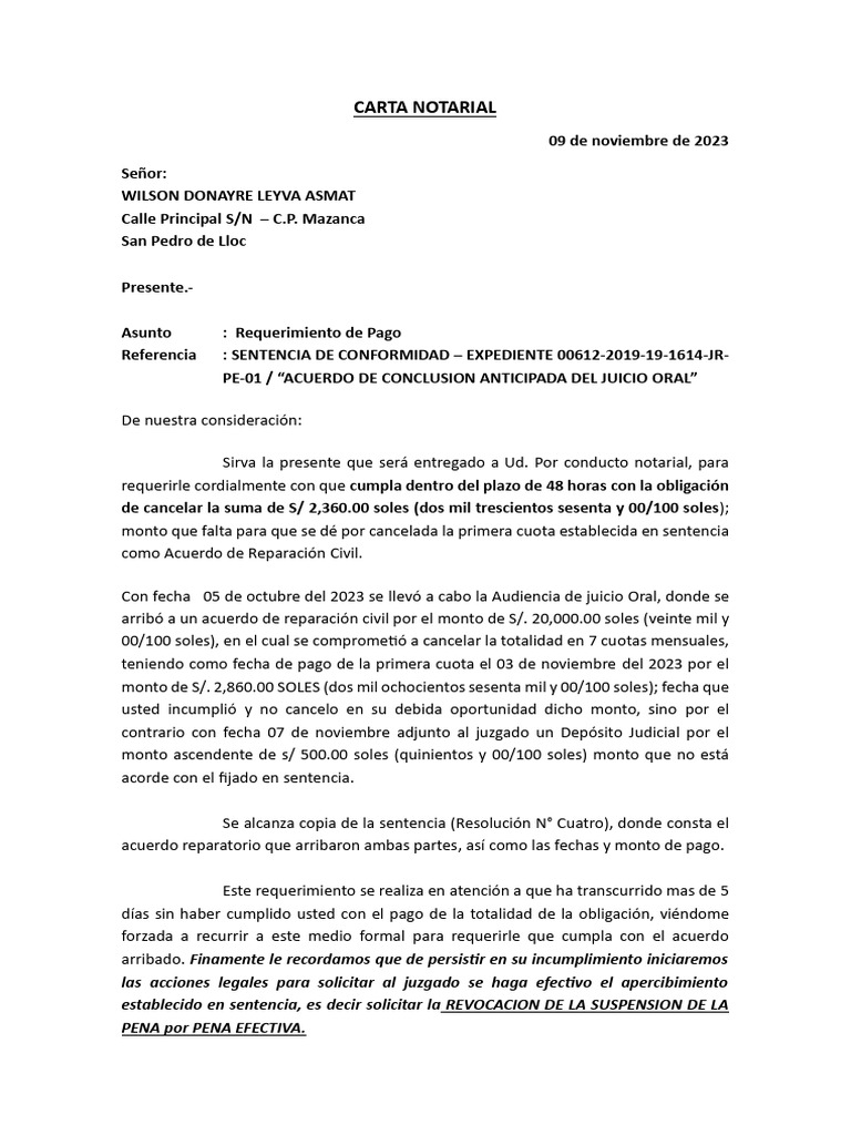 Carta Notarial Requerimiento de Pago | PDF | Gobierno