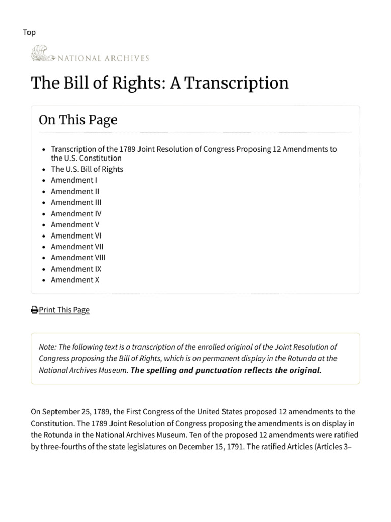 Bill of Rights: Original Text Transcription | PDF | United States Bill ...