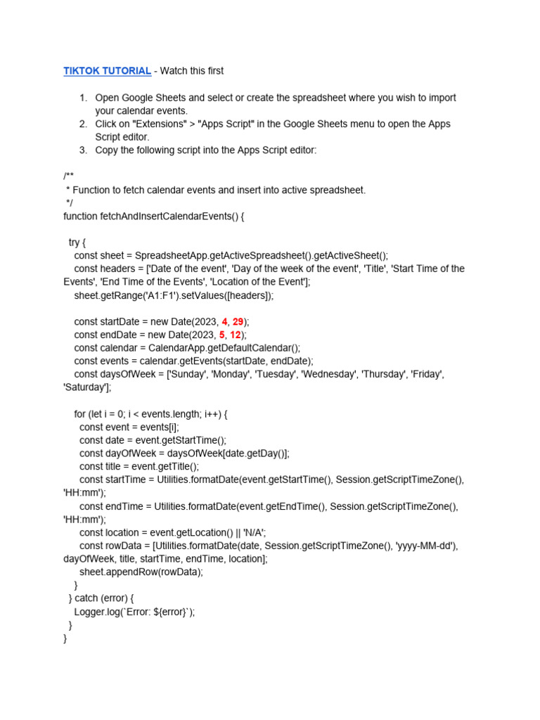 Fetch and Insert Google Calendar Events Into Spreadsheet | PDF Fetch and Insert Google Calendar Events Into Spreadsheet | PDF