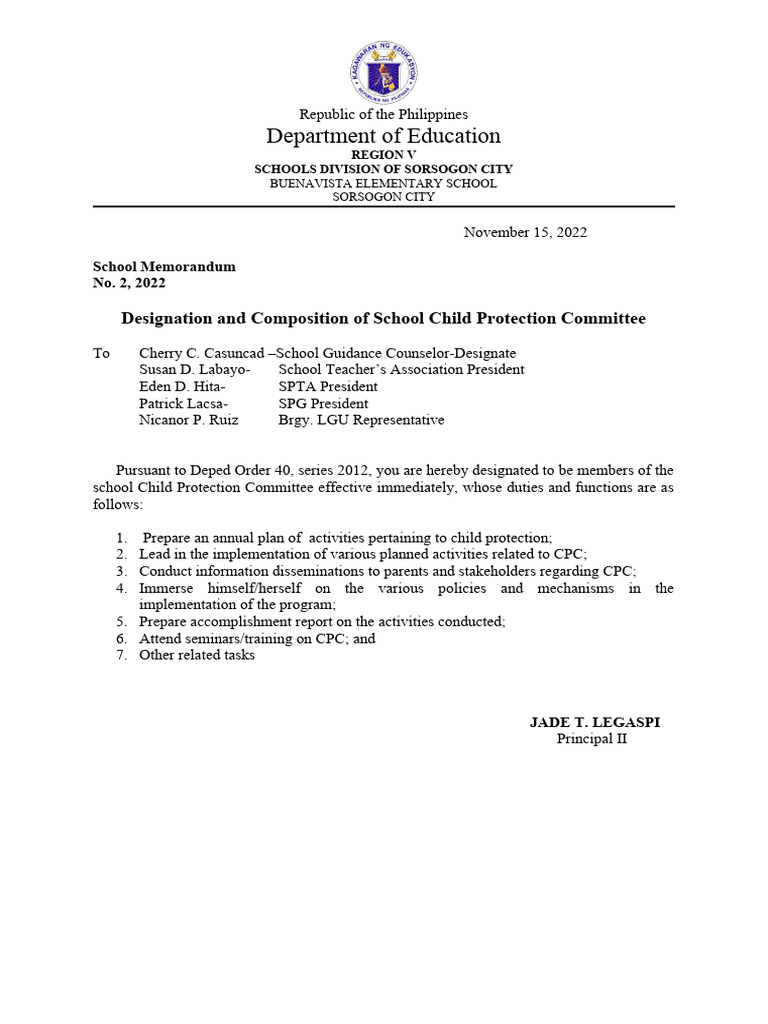 Department of Education: Designation and Composition of School Child ...