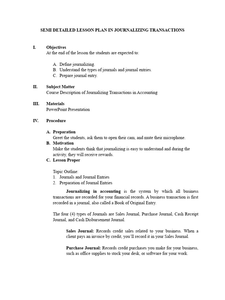 Semi Detailed Lesson Plan in Journalizing Transactions | PDF | Debits ...