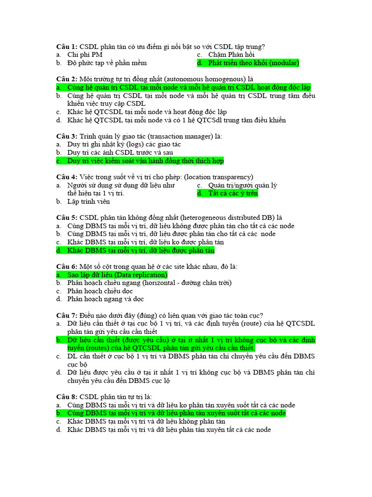 Trắc nghiệm CSDLPT | PDF