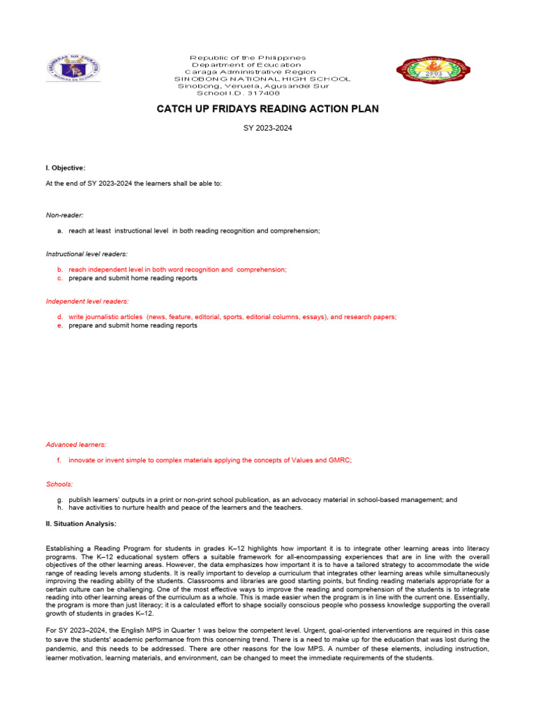Sinahs CATCH UP PLAN | PDF | Reading Comprehension | Literacy