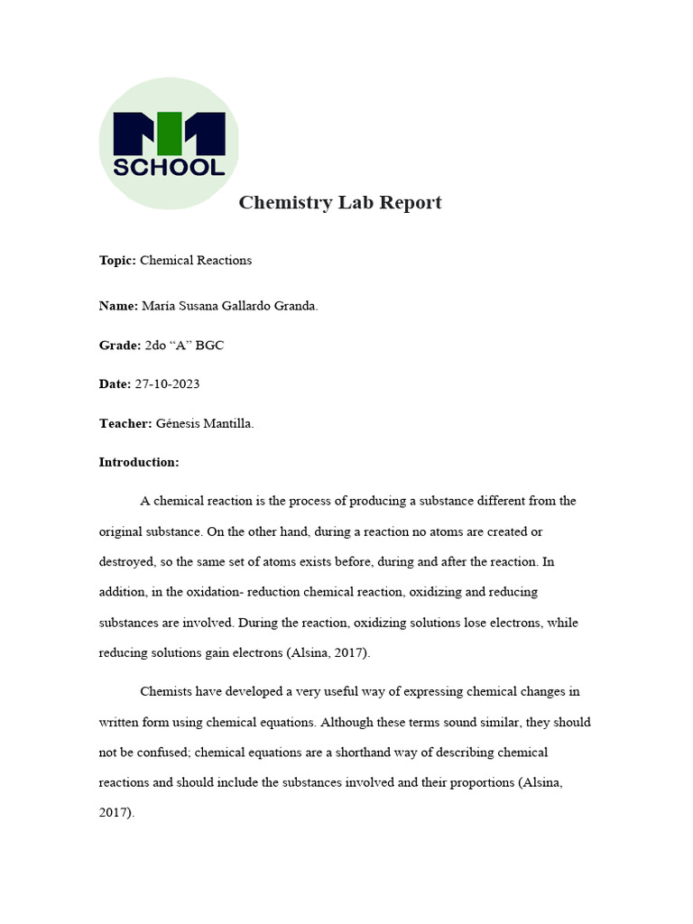 Lab Report 1 - Chemical Reactions. | Download Free PDF | Chemical ...
