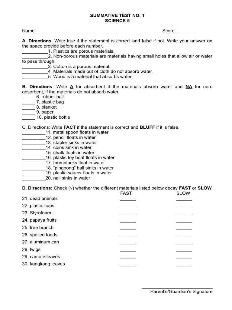 SUMMATIVE TEST NO 1 Science 4 | PDF | Materials