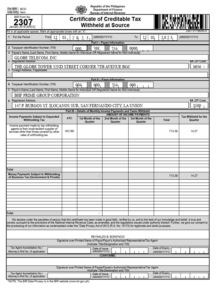 BIR Form 2307: Tax Withholding Certificate | PDF | Value Added Tax ...