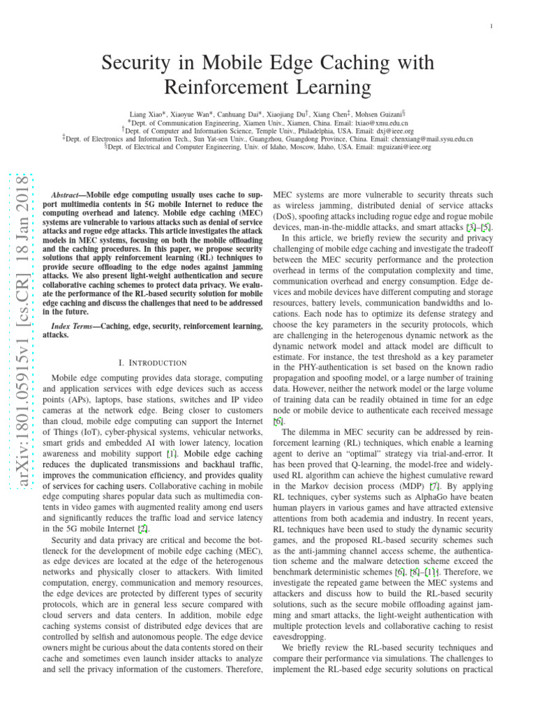 Security In Mobile Edge Caching With Reinforcement Learning Pdf Computer Network Computer