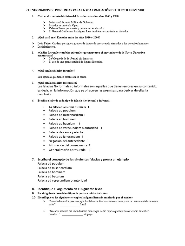 Cuestionarios de Preguntas para La 2da Evaluación Del Tercer Trimestre | PDF | Falacia | Ecuador