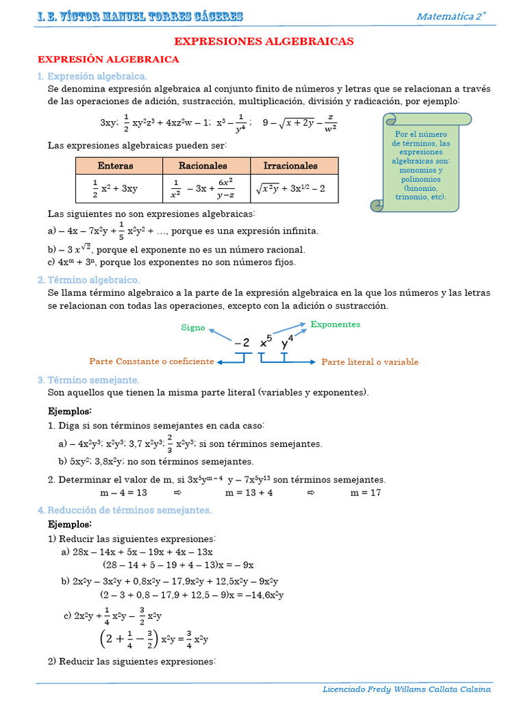 Expresiones Algebraicas | PDF | Álgebra | Matemática Elemental