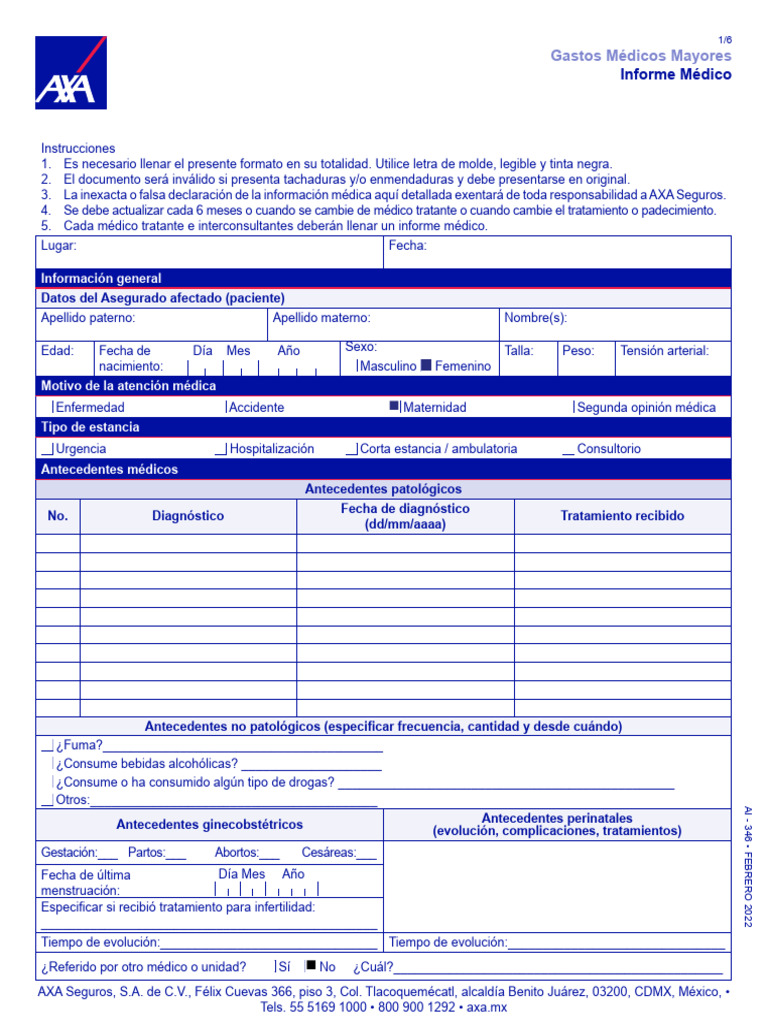 Informe Médico AXA 2024 Editable | PDF | Póliza de seguros | Hospital